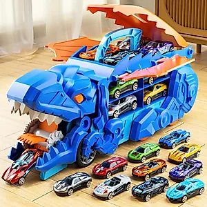 iHaHa Toddler Truck Toys for 3 4 5 6 Years Old Boys, Toys Cars Track Set Dinosaur Transporter Truck with 10 Die-Cast Car Toys, Transforms into Dino, Toddler Car Toys Set for Kids Boys Girls