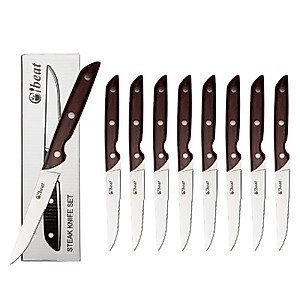 Fashionwu Serrated Steak Knife Set of 8, Stainless Steel Serrated Steak knives with Wood Handle, Sharp Knife for Cutting Meat, Fine Edge Steak Knife Set, Rust Resistant