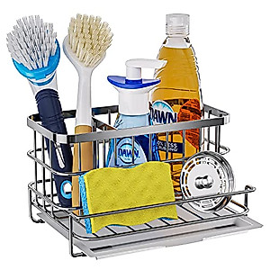 HapiRm Sponge Holder Kitchen Sink Caddy Organizer, Sponge Dish Brush Soap Dispenser Holder with Drain Tray for Countertop, SUS304 Stainless Steel Rustproof Sink Rack - Silver