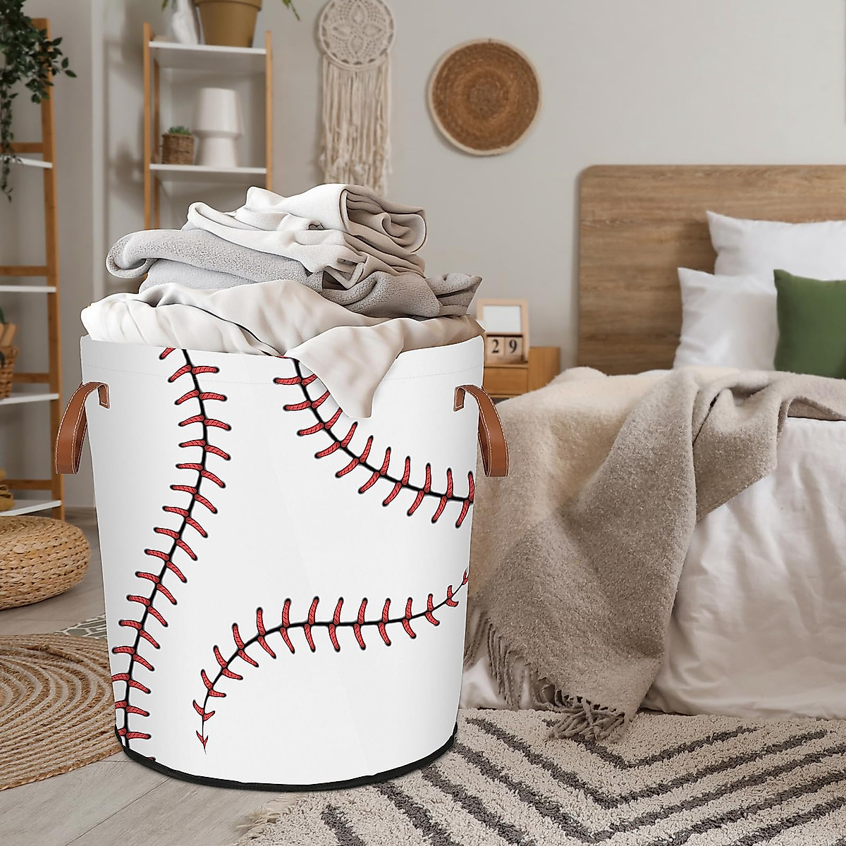 Mozaigos Baseball Texture Laundry Basket Waterproof Collapsible Laundry Hamper Tote With Handles Toy Storage Basket Organizer Dirty Clothes Hamper for College Dorm, Bathroom, Bedroom, Living Room