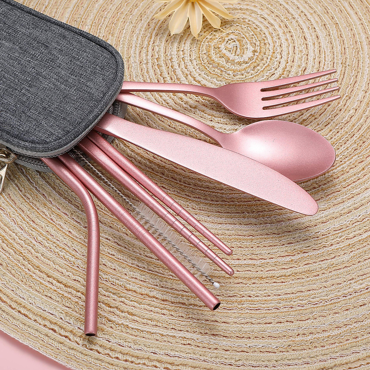 Portable Stainless Steel Flatware Set, Travel Camping Cutlery Set, Portable Utensil Travel Silverware Dinnerware Set with a Waterproof Case (Pink)