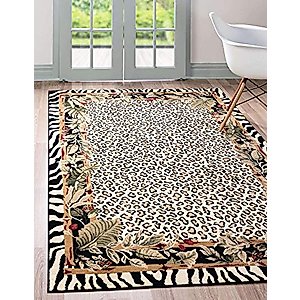 Unique Loom Wildlife Collection Animal Inspired with Cheetah Bordered Design Area Rug, 5 ft x 8 ft, Ivory/Black