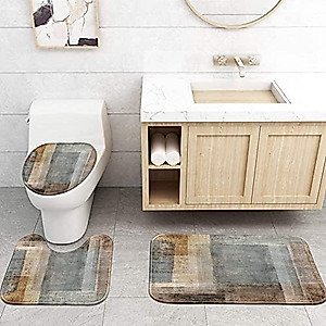 ArtSocket 4 Pcs Shower Curtain Set Beige Grey Abstract Painting Brown with Non-Slip Rugs Toilet Lid Cover and Bath Mat Bathroom Decor Set 72" x 72"
