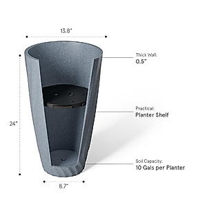LA JOLIE MUSE 24 Inch Tall Planters, Set of 2 Grey Tree Planters with Shelf Insert, Morden Large Round Plant Pots Containers for Indoor/Outdoor, Front Door, Patio and Deck