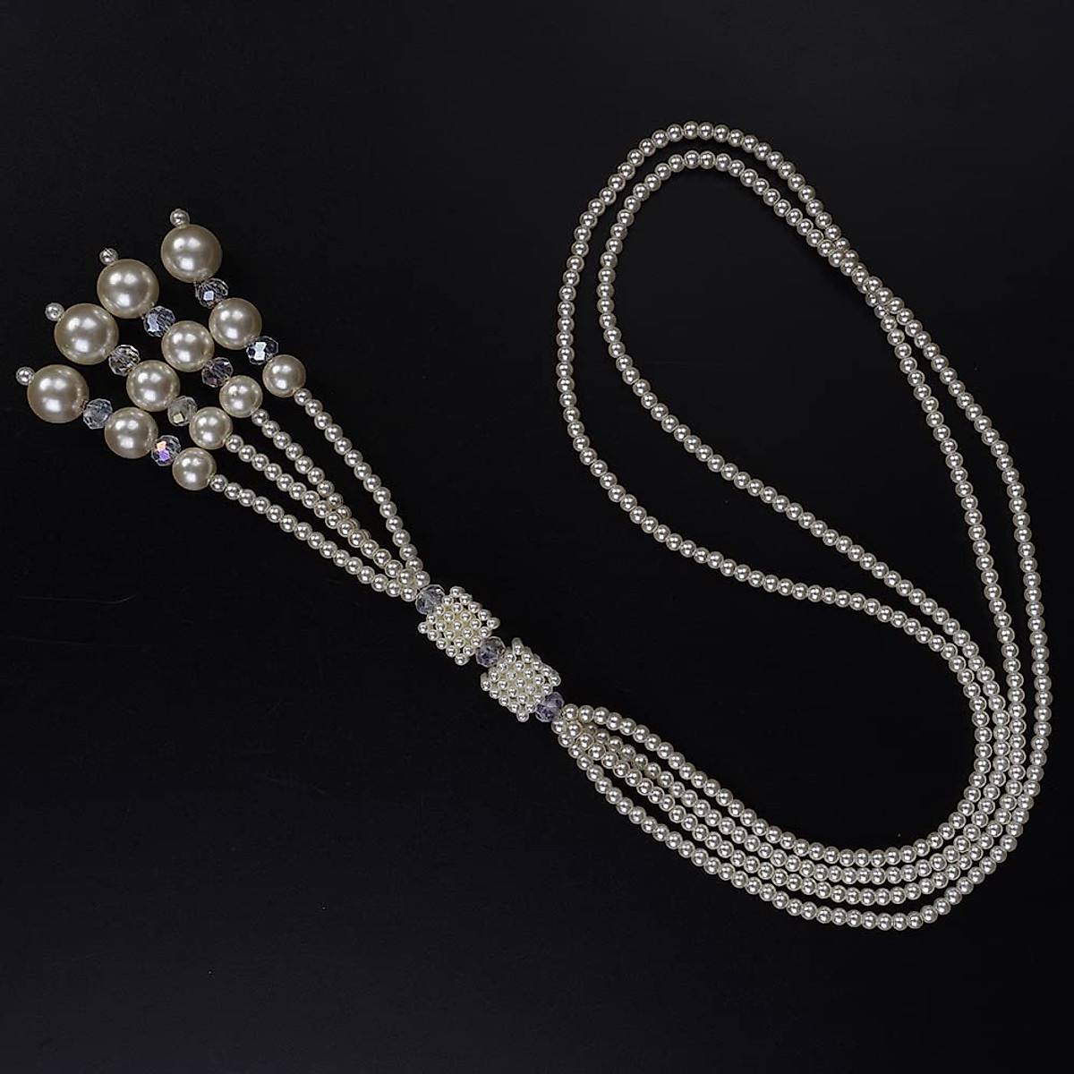 Aimimier Bohemian 2-Strand Faux Pearl Knot Beaded Necklace Long Pearl Crystal Pendant 1920s Flapper Costume Accessories for Women