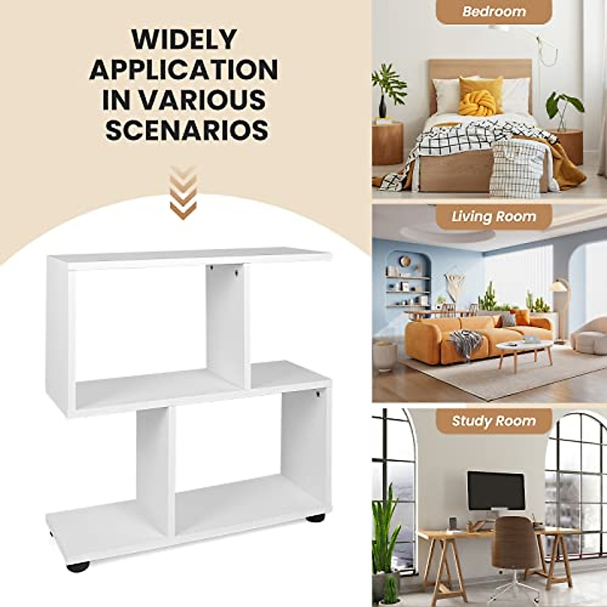 Giantex 3-Tier Geometric Bookshelf, 24’’ Tall Wood S-Shaped Display Shelves with Thick Foot Pads, Freestanding Open Shelves Nightstand, Floor Standing Display Shelf Bookcase