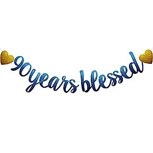 90 Years Blessed Banner, Blue Glitter Paper Garlands for 90th Birthday / Wedding Anniversary Party Decorations Supplies, Pre-Strung, No Assembly Required,(Blue)SUNbetterland