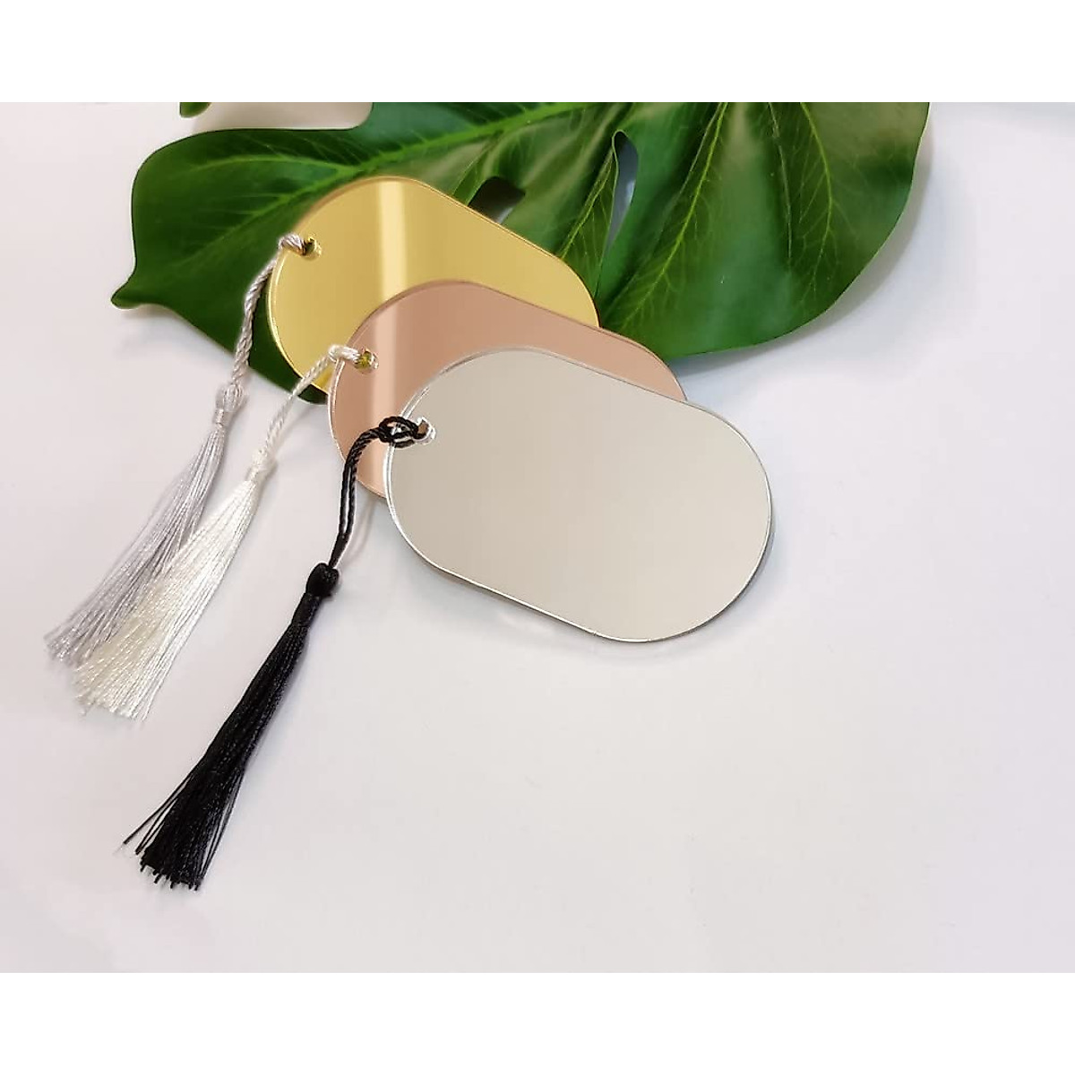 Yuxuanish Set of 12 Acrylic Luggage Tag,Mirrored Acrylic Place Cards Blanks with Tassels,DIY Oval Wedding Guest Name Cards,Acrylic Name Place Card (Silver Mirror)