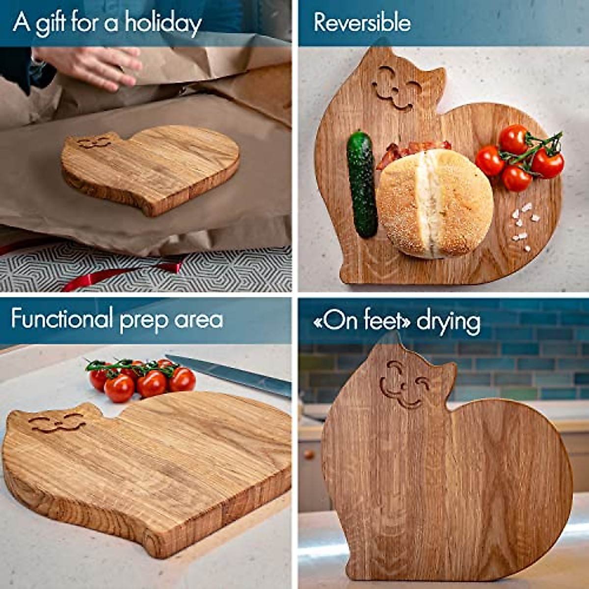 COOKAREA inspo, Heart Cat Premium Oak Cutting Board for Kitchen, Reversible, Serving board for Charcuterie, Vegetables and Meat, 10" x 10" x 1" (Oak, Natural)