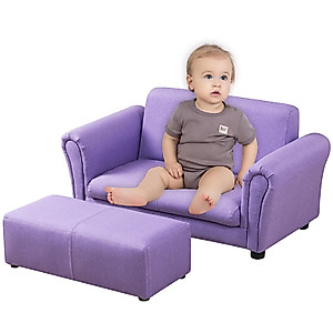 Yoonnie room 2-Seater Kid Couch with Big Ottoman,Kid Sofa Chair with Linen Fabric,Children Sofa Couch for 0-3 Age Kid Gift,Purple