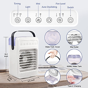 VIIMI Portable Air Conditioner, 6-IN-1 Evaporative Personal Air Cooler Humidifier with 4 Speeds 7 Colors Light, 70°Oscillation USB Quiet Air Cooler white