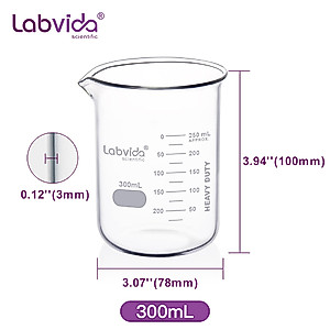 Labvida 6pcs 300ml Upgrated Thick Glass Beakers, Griffin Low Form Beaker Set with Double Scale, 3.3 Boro,LVA021