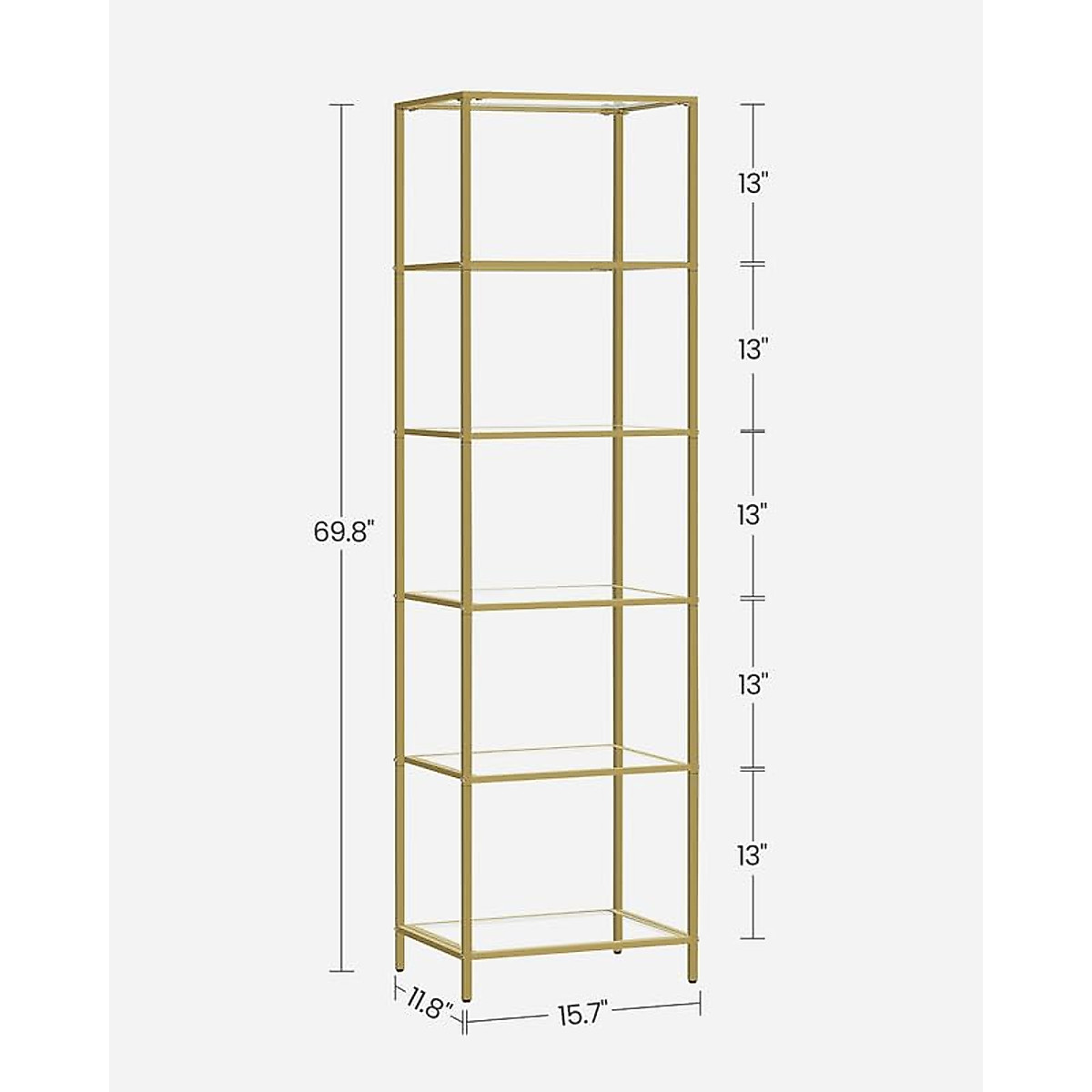 VASAGLE Bookcase, 6-Tier Bookshelf, Slim Shelving Unit for Bedroom, Bathroom, Home Office, Tempered Glass, Steel Frame, Gold Color ULGT500A01