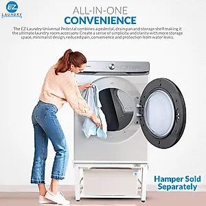 EZ Laundry | Upgraded 29” Universal Laundry Pedestal – 700lbs Capacity, Raises 16” with Built-in Drain Pan + Hose, Adjustable Feet, Anti-Vibration, Steel & Storage Shelf for Washer & Dryer (White)