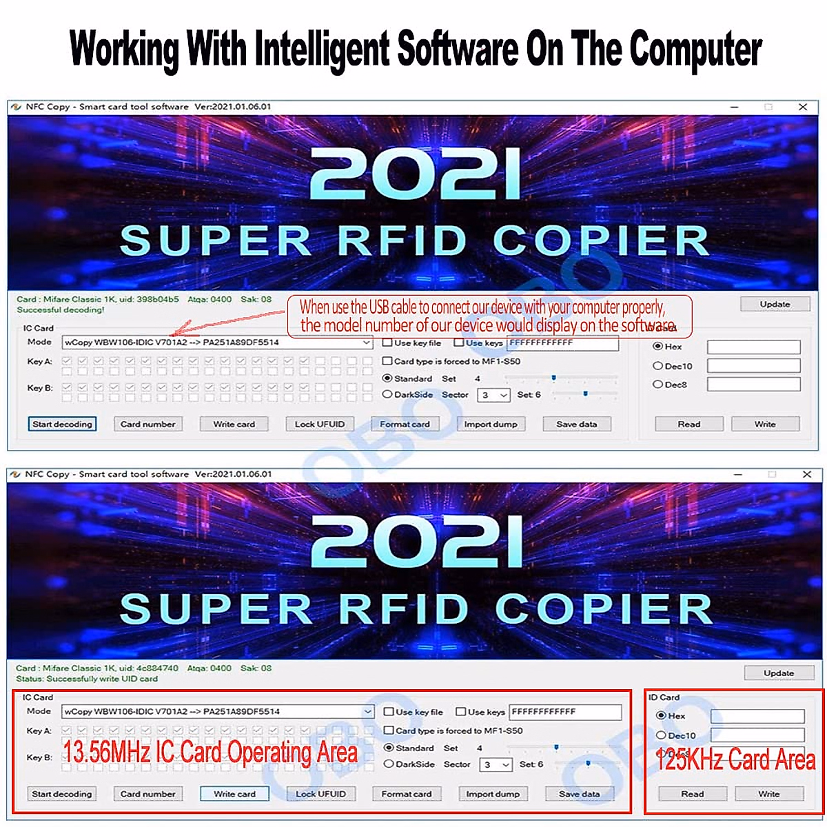 TO BE SECOND JASAG 13.56MHz IC Card Copier NFC Reader 125KHz RFID Reader Writer Duplicator Smart Card Programmer with IC Encrypted ID Composite Buckle Writable Key Fob Cards black NS106+3+3