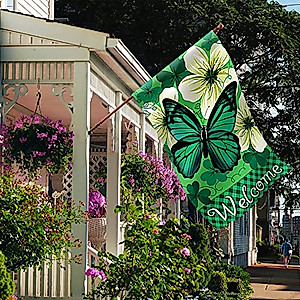Morigins Welcome Clover Butterfly House Flag Decorative St.Patrick's Day Double Sided Flag 28 X 40 Inch