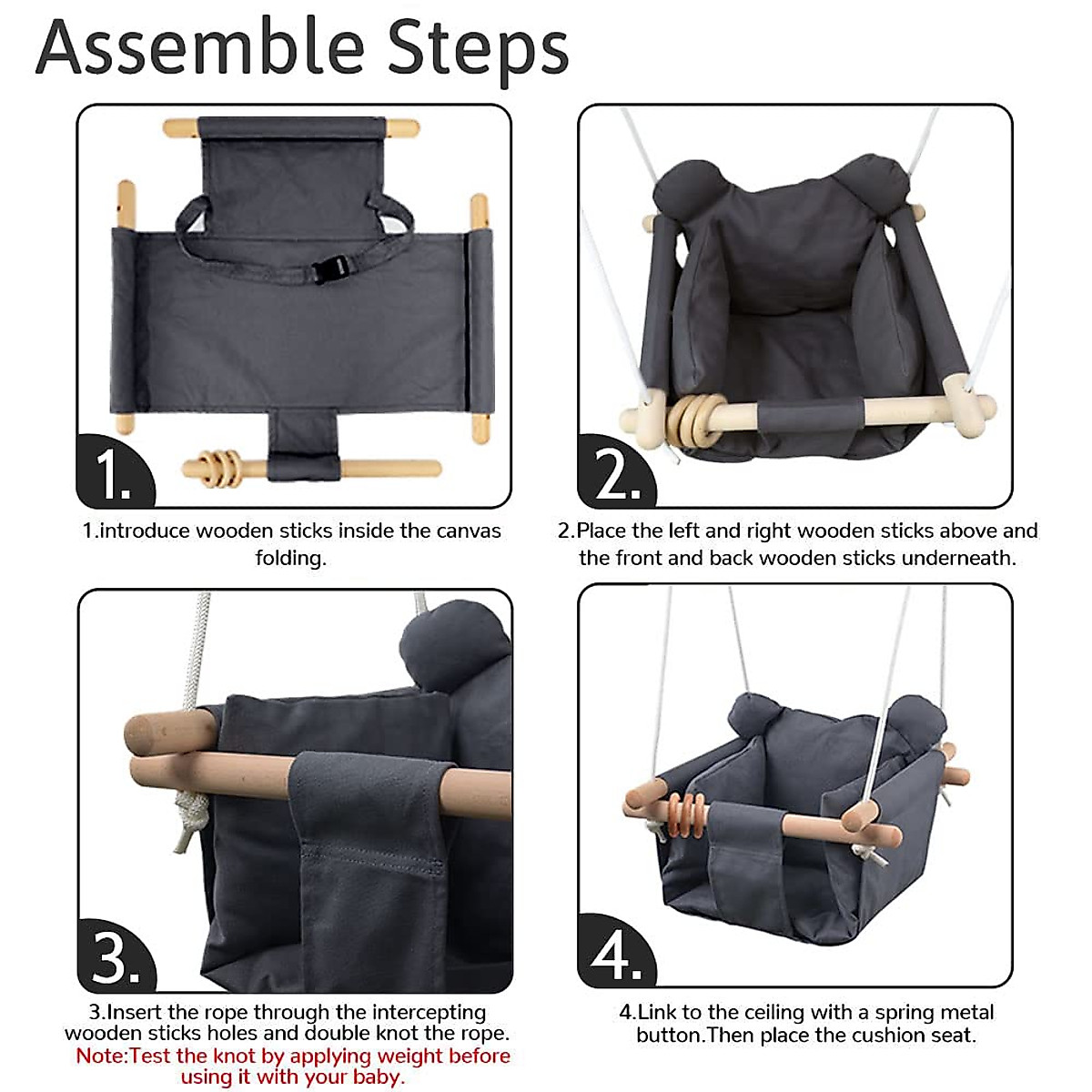 Baby Canvas Hanging Swing Seat Toddler Secure Indoor & Outdoor Hammock Toy Grey