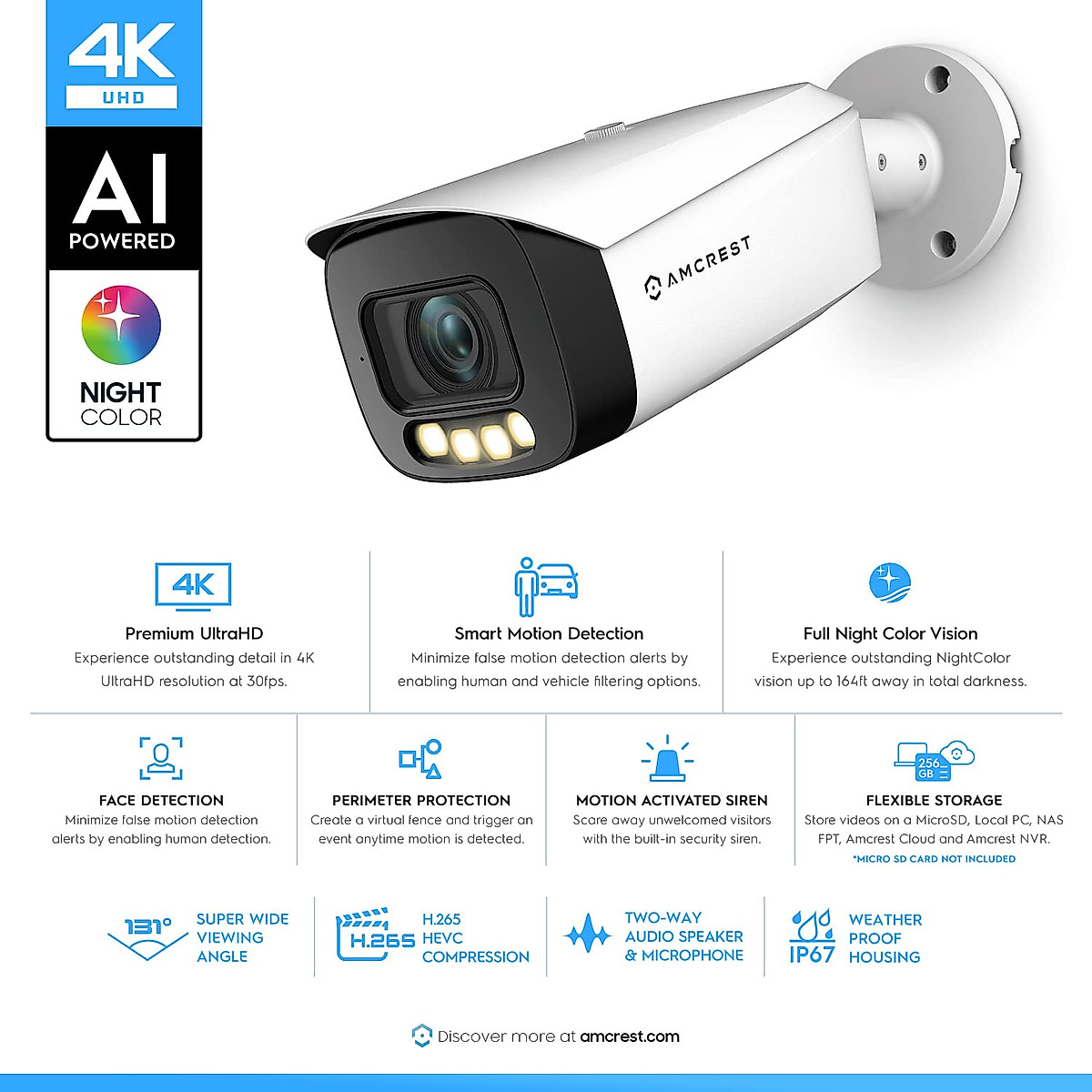 Amcrest 4K AI Bullet IP PoE Camera, 4K@30fps, 164ft Night Color Vision, Security IP Camera Outdoor, Face Detection, Human & Vehicle Detection, Built-in Siren Alarm, Built in Mic IP8M-TB2886EW-AI