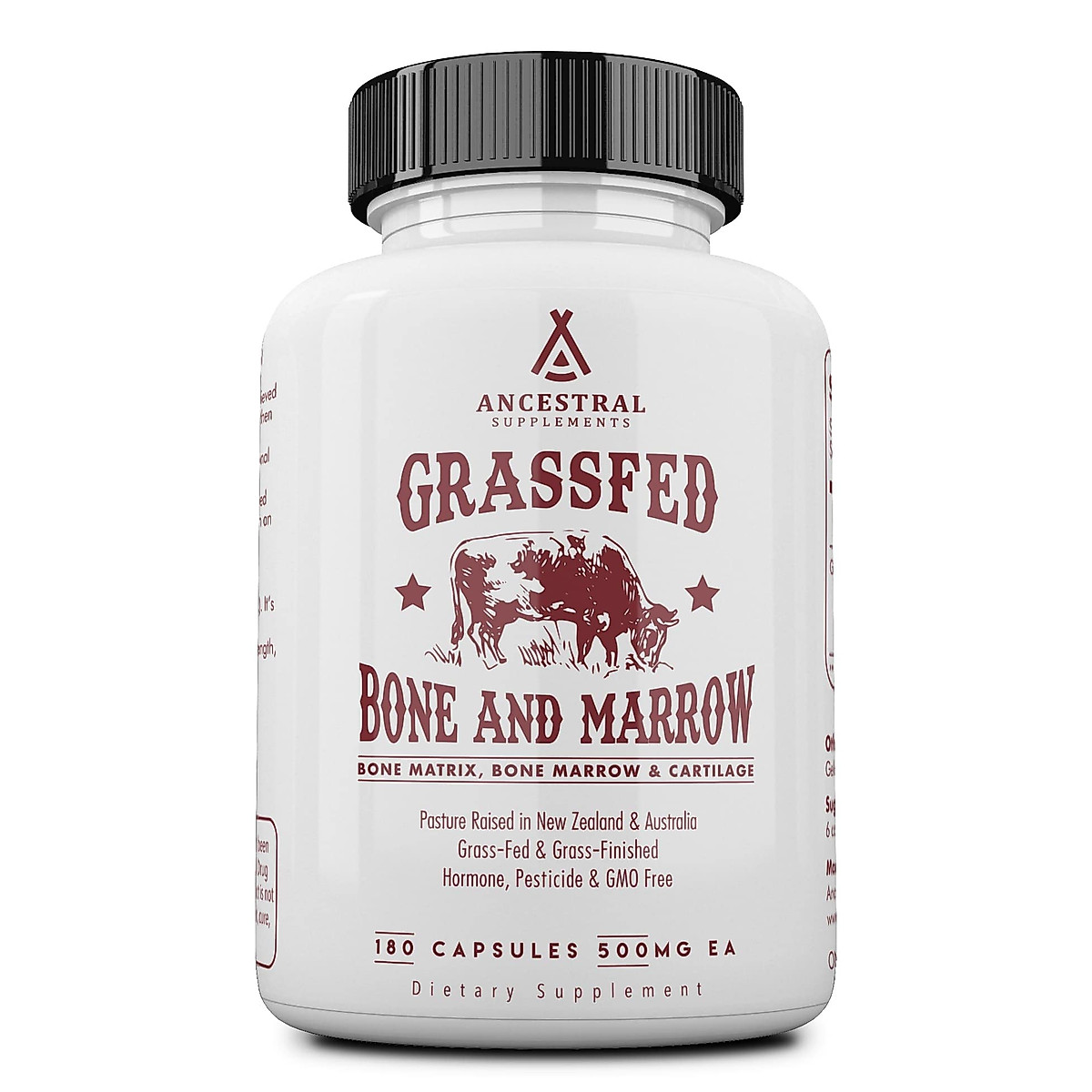 Ancestral Supplements Grass Fed Beef Bone and Marrow Supplement, 3000mg, Skin, Oral Health, and Joint Support Supplement, Promotes Whole-Body Wellness, Non GMO Whole Bone Extract, 180 Capsules