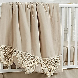 Brandream Gender Neutral Boho Bohemian Baby Girl Boy Nursery Crib Bedding Set 3 Pieces Solid Beige Farmhouse Chic Unisex Minimalist Tassel Fringe Macrame Cozy 100% Washed Cotton