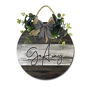 SLIYIYoo Go Away Sign Front Door Porch Decorations, Round Rustic Wood Hanging Sign for Farmhouse Porch Outdoor Home Holiday Front Door Sign Decor