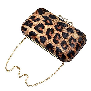 Elegant Leopard PU Leather Crystal Bow Top Hard Clutch, Brown