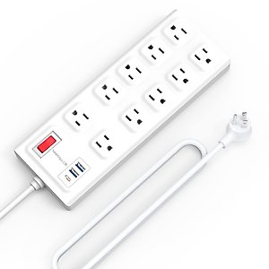 6 Ft Surge Protector Power Strip - 10 Widely Outlets with 3 USB Ports（1 USB C Port）, Flat Plug Heavy Duty Extension Cord(1875W/15A), Wall Mount, 2800 J, ETL,White