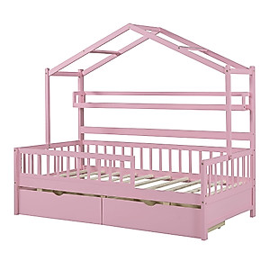 Merax Twin Bed Frames with 2 Drawers Storage Shelf Guardrail, Wooden House Shaped Platform Bed for Kids, No Box Spring Needed