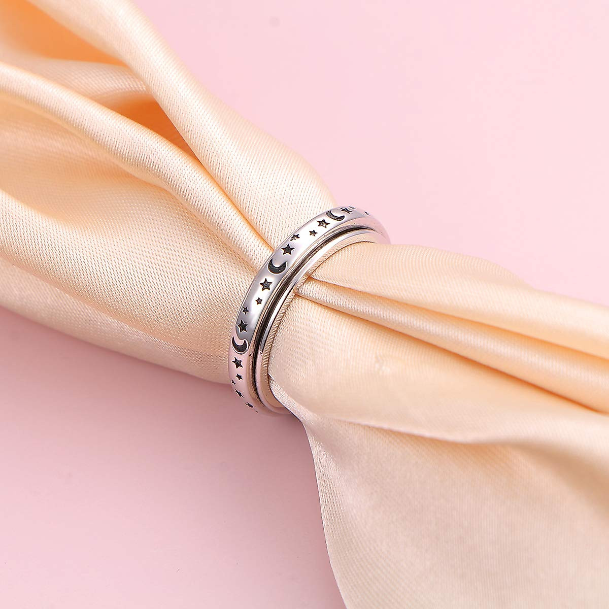 S925 Sterling Silver Spinner Fidget Anxiety Worry Relieving Boredom ADHD Autism Band Rings Moon Stars Spin