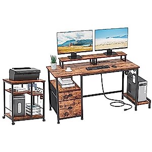 Furologee Computer Desk and Printer Stand, Desk with Power Outlets, 47" Office Desk with 2 Monitor Stands and Fabric File Cabinet, 3 Tier Printer Table with Wheels and 2 Hooks, for Home Office