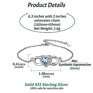 ChicSilver Infinity Heart Bracelet for Women 925 Sterling Silver Dainty Cubic Zirconia CZ Created Aquamarine Bracelet March Birthstone Jewelry Birthday Gifts