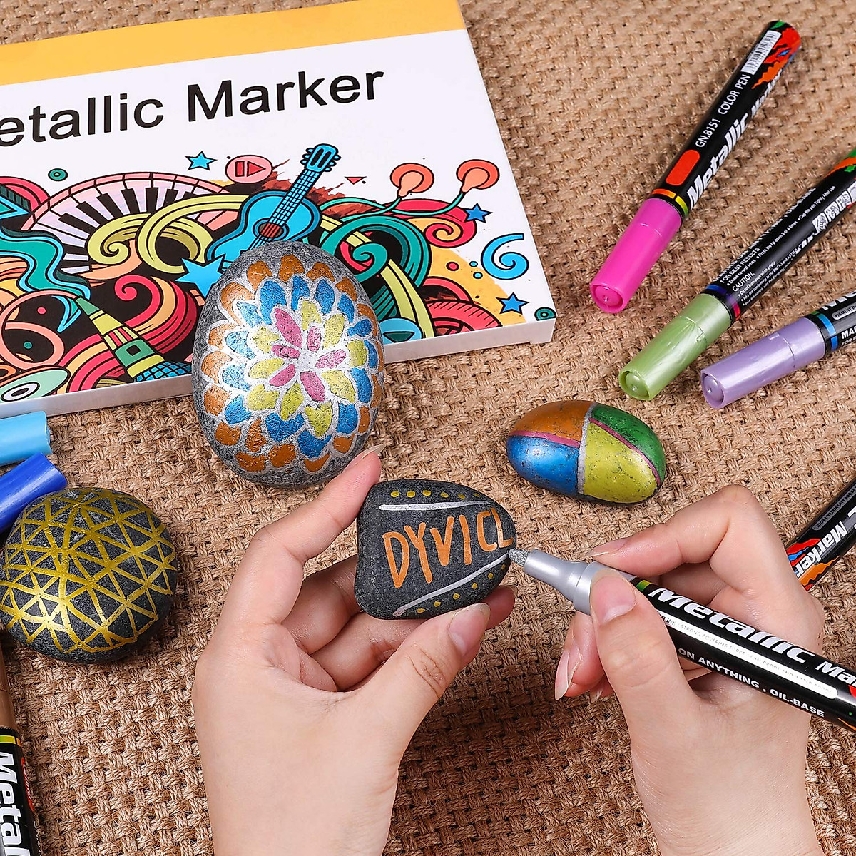 Dyvicl Metallic Markers Paint Markers, Broad Tip Paint Pens for Rocks, Halloween Pumpkin, Wood, Fabric, Glass, Ceramics, Metal, Plastic, Black Paper, Christmas Art Crafts, Set of 15