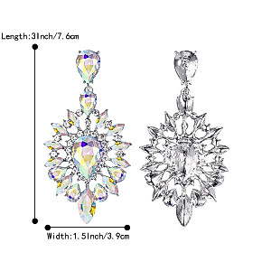 BriLove Fashion Trendy Statement Earrings for Women Crystal Teardrop Halo Chandelier Dangle Earrings Iridescent Clear AB Silver-Tone