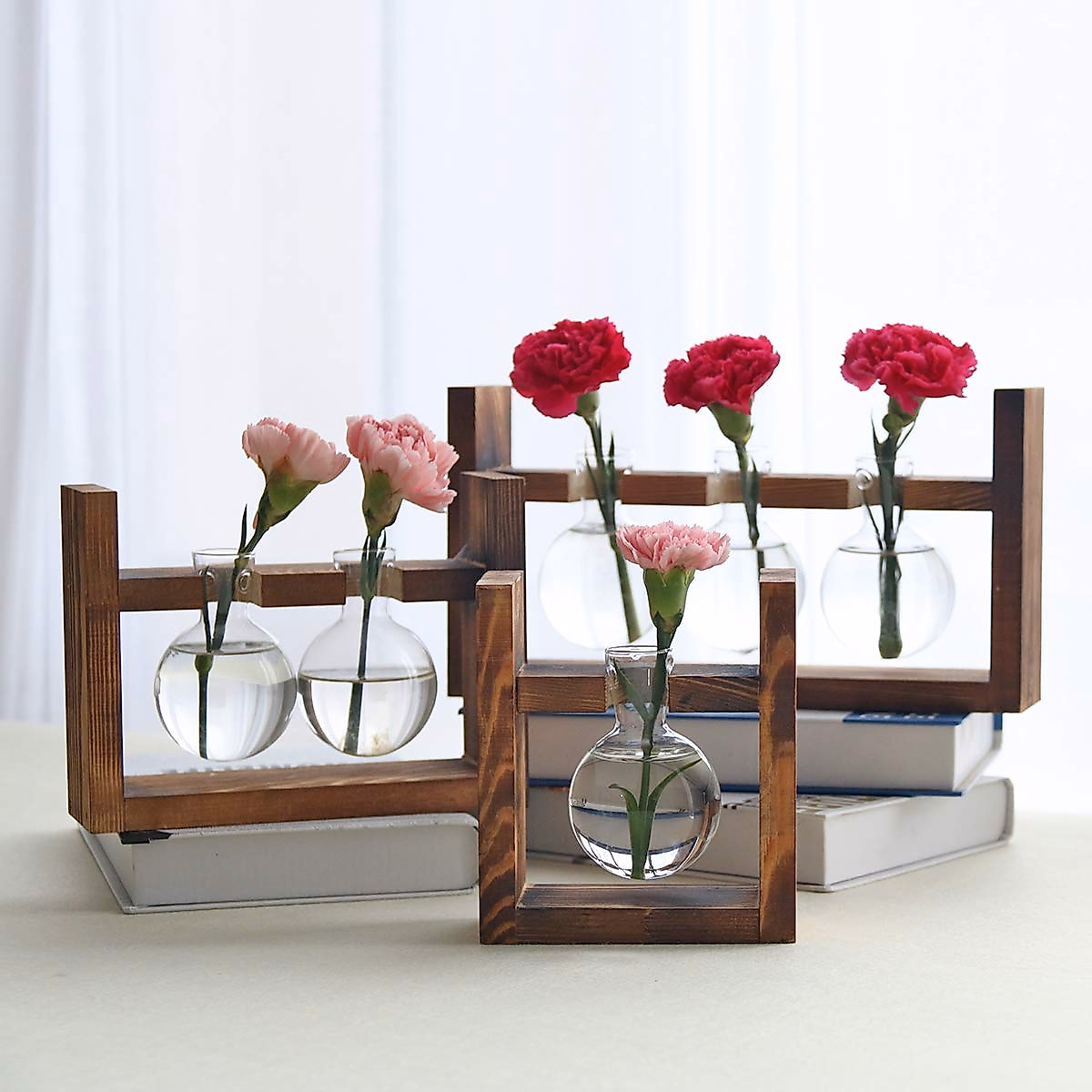 Kingbuy Plant Propagation Station Glass Terrarium Planter Flower Vase with Retro Solid Wooden Stand for Home Kitchen Indoor Garden Wedding Desktop Decor, 3 Bulb Vase