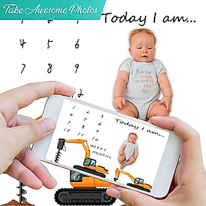 EARVO Baby Monthly Milestone Blanket Boy or Girl Construction Truck Baby Month Blanket with Wreath Frame Yellow Truck Milestone Blanket for Newborn to 12 Months Milestones 48”x48”BTZDEA10