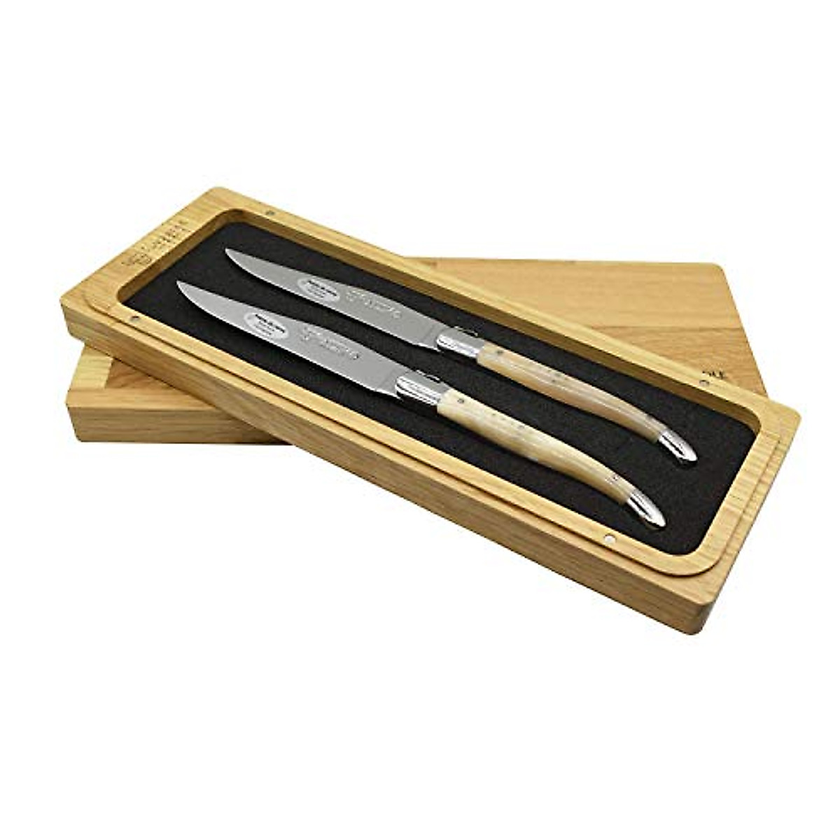Laguiole en Aubrac Luxury Fully Forged Full Tang Stainless Steel Steak Knives 2-Piece Set with Solid Horn Handle, Stainless Steel Shiny Bolsters