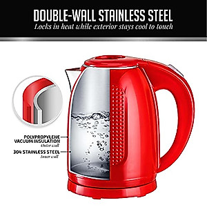 OVENTE Portable Electric Kettle Stainless Steel Instant Hot Water Boiler Heater 1.7 Liter 1100W Double Wall Insulated Fast Boiling with Automatic Shut Off for Coffee Tea & Cold Drinks, Red KD64R