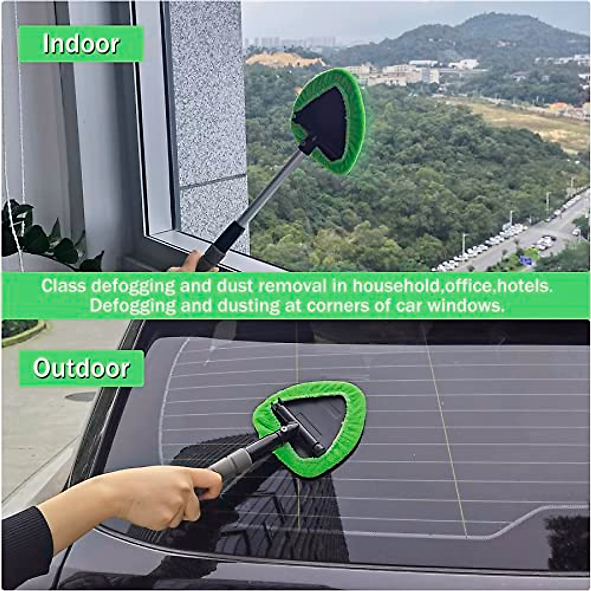 JUSTTOP Windshield Cleaning Tool, Car Window Cleaner with Unbreakable Extendable Long-Reach Handle and Washable Reusable Microfiber Cloth, Car Exterior Accessories, Green