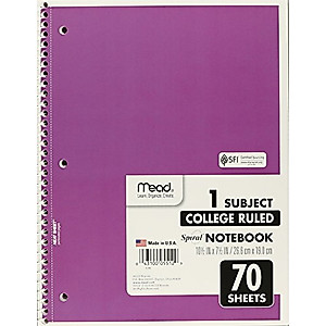 Mead Spiral Notebook, College Ruled, 1 Subject, 70 Sheets, 7.5" x 10.5", 12 Pack, Assorted Colors (05512-12)