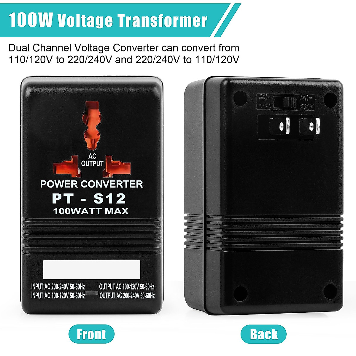 Voltage Converter 110V to 220V Step-Up & Step-Down Power Two-Way Conversion Voltage Converter Transformer for Travel, RV, and Camping(Black, 100W)