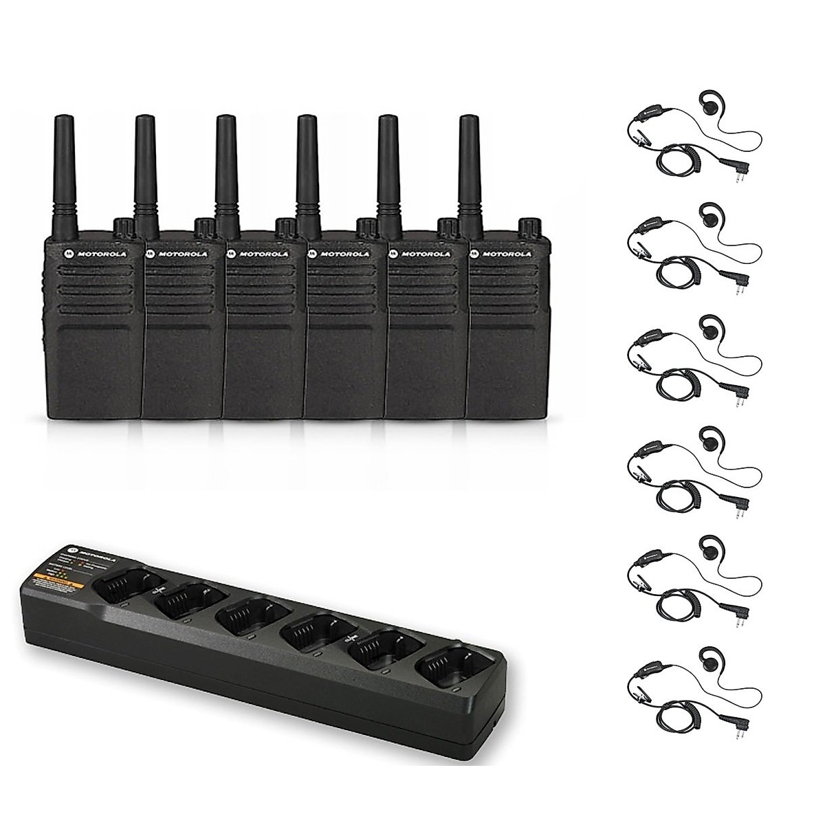 6 Pack of Motorola RMU2040 Radios with 6 Push to Talk (PTT) earpieces and a 6-Bank Radio Charger