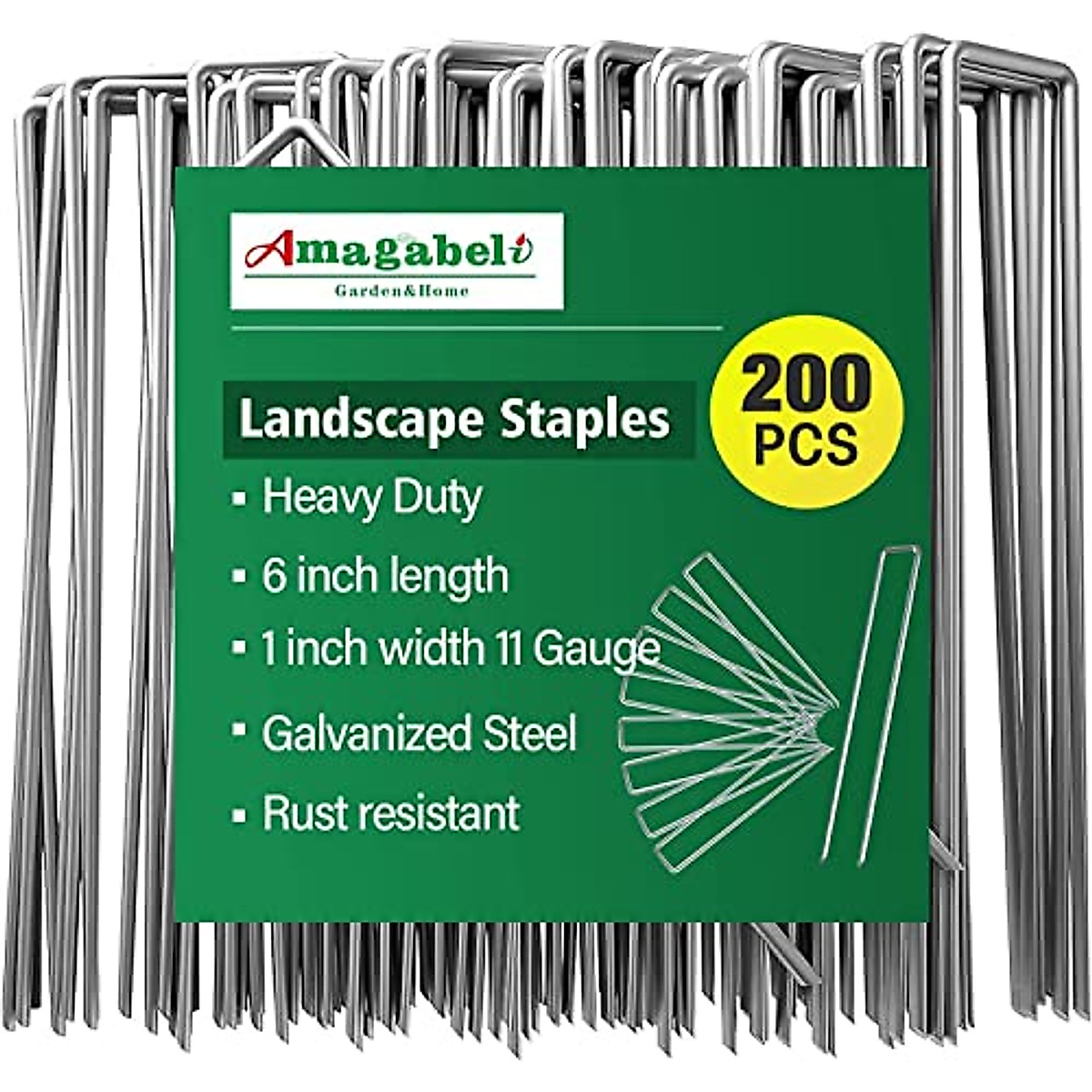 Amagabeli 6 Inch Galvanized Landscape Staples 200 Pack 11 Gauge Garden Stakes Sod Pins Anti-Rust Fence Stakes for Weed Barrier Fabric Ground Cover Dripper Irrigation Tubing Soaker Hose STAPLE001