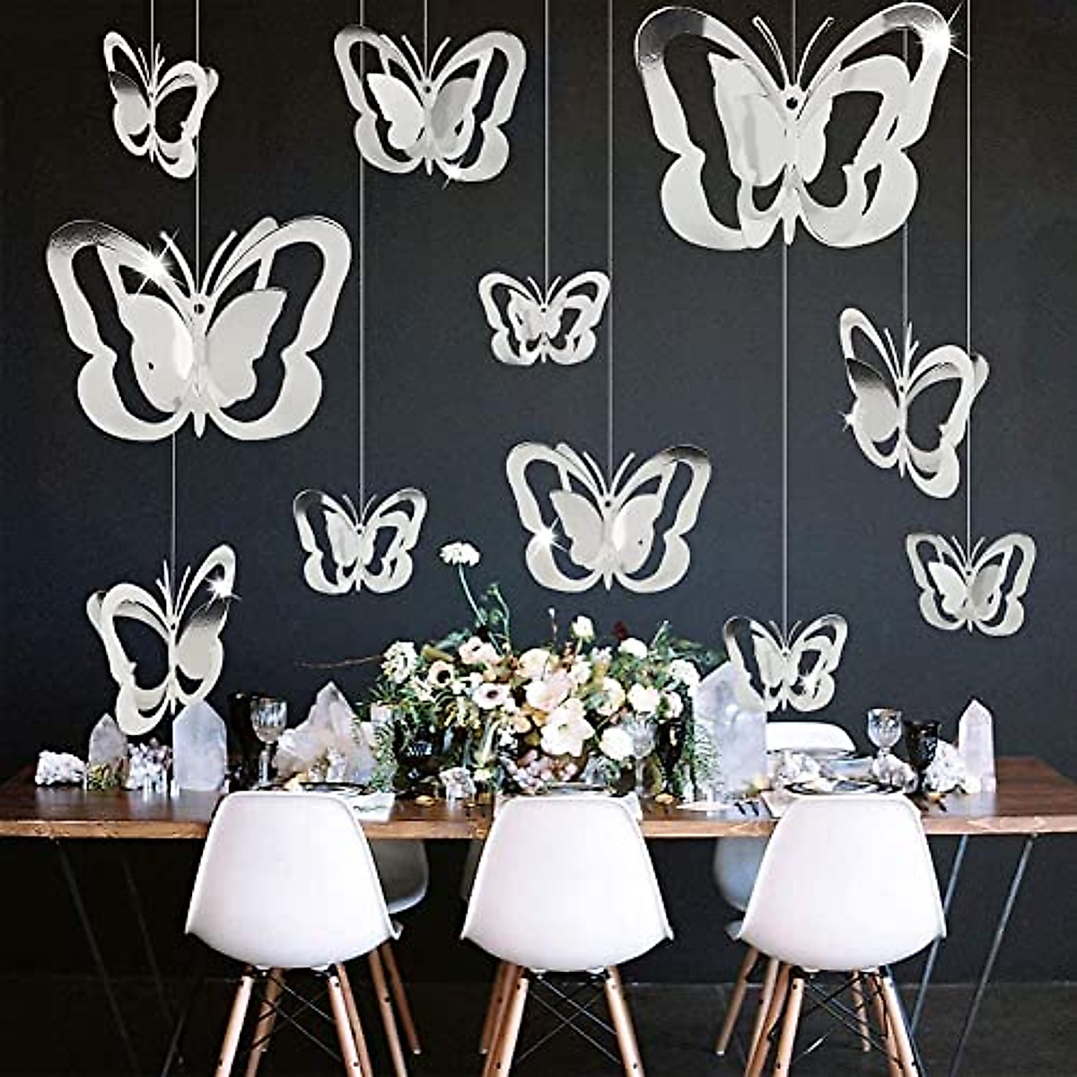 BEISHIDA 3D Silver Butterfly Birthday Decorations Including 3 Sizes Hanging Butterfly Garland for Wedding Baby Shower Garden Themed Tea Party Graduation