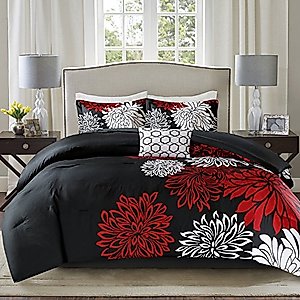 Comfort Spaces Enya Comforter Set-Modern Floral Design All Season Down Alternative Bedding, Matching Shams, Bedskirt, Decorative Pillows, Queen(90"x90"), Red/Black