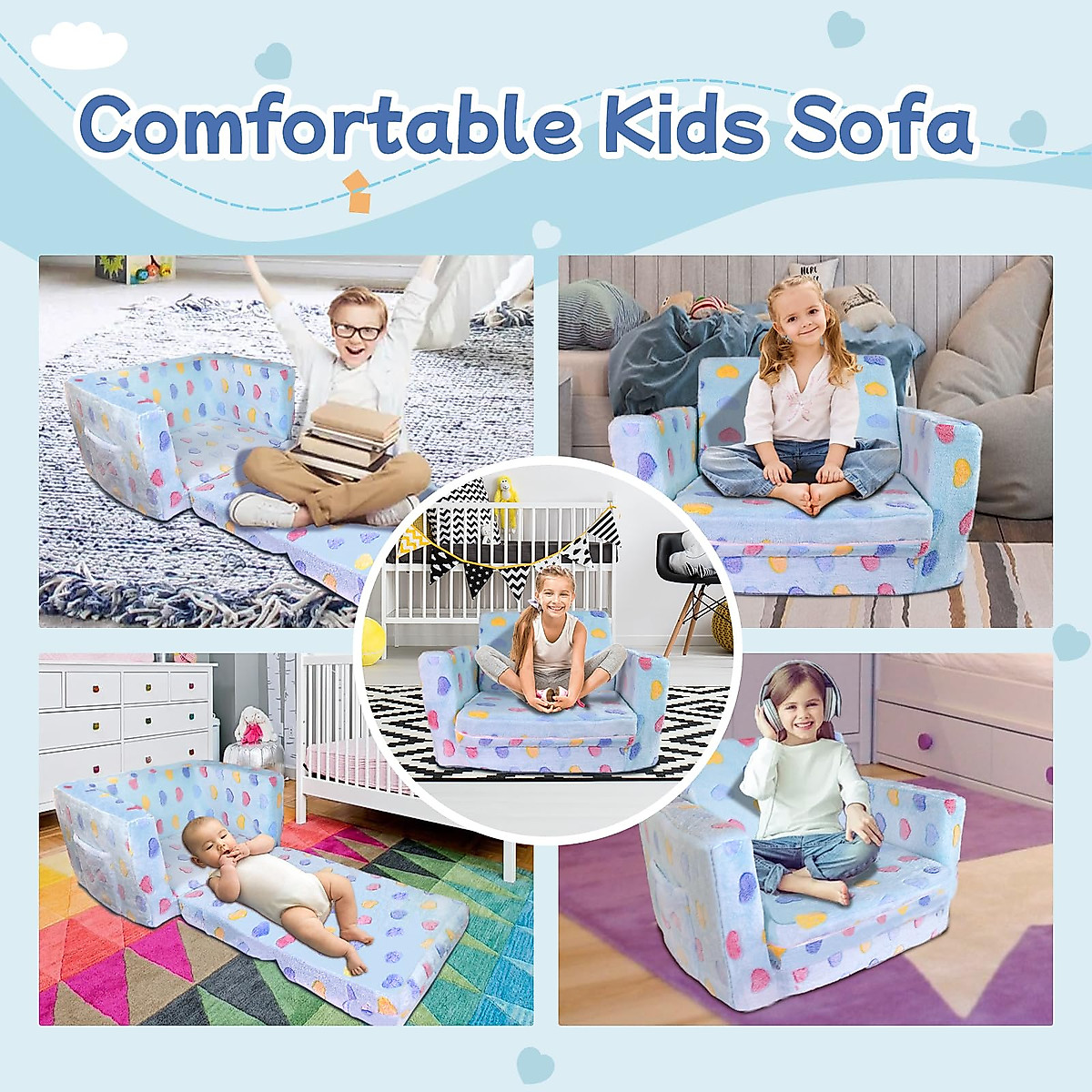 OSYKIU Kids Sofa, 2-in-1 Toddler Couch Fold Out, Comfy Toddler Sofa, Convertible Kids Couch to Lounger, Baby Sofa Chair for Boys and Girls Gifts, Folding Kids Play Sofa Bed