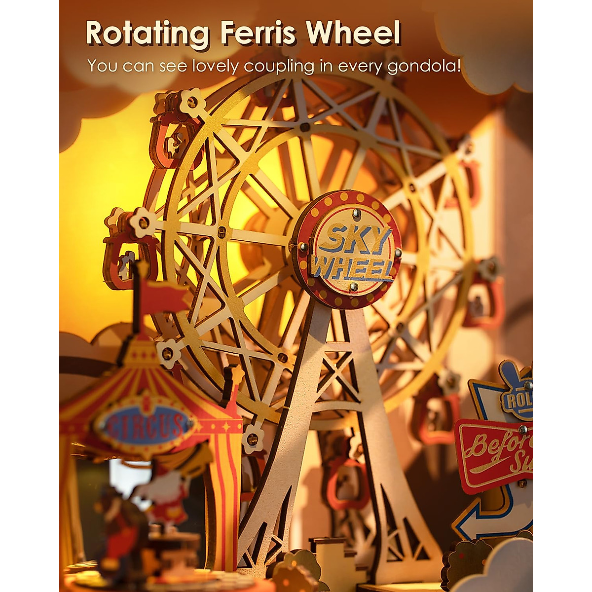 Rolife 3D Wooden Puzzles for Adults DIY Book Nook Kit 16" Ferris Wheel Music Box Model Building Set with LED Crafts for Adults Gifts for Girls Boys (Sunset Carnival)
