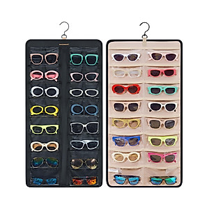 BAGSMART Hanging Jewelry Organizer, Dust Proof Sunglasses Storage Case Wall Mounted, Travel Dual Sided Glasses Case Multiple Pairs, Eyeglasses Holder with 32 Clear Slots & Metal Hook, Black