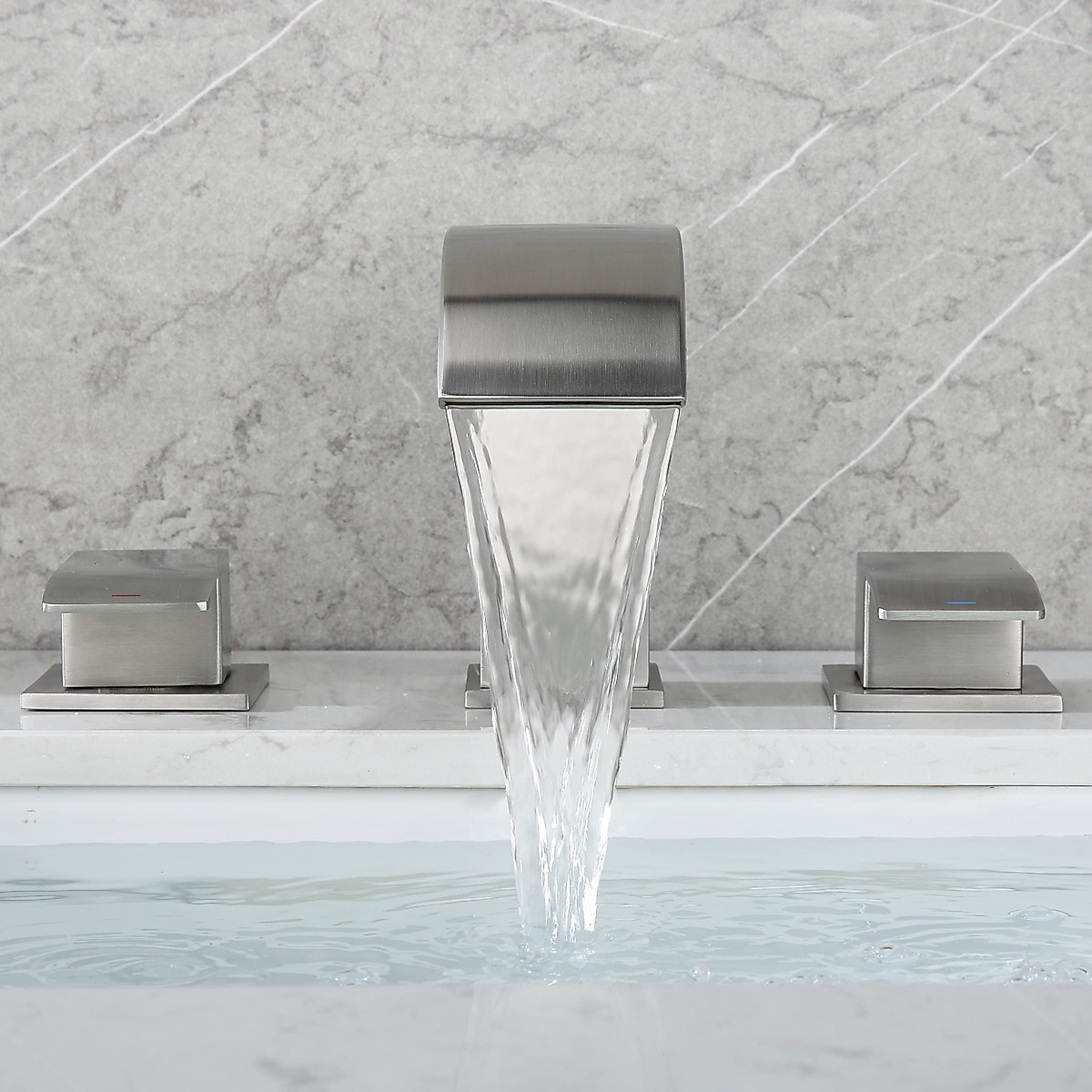 Brushed Nickel Waterfall Bathroom Faucet for Sink 3 Hole - Widespread, 2-Handles 8 Inch Modern Faucet for Bathroom Sink, Vanity Faucet with cUPC Supply Lines