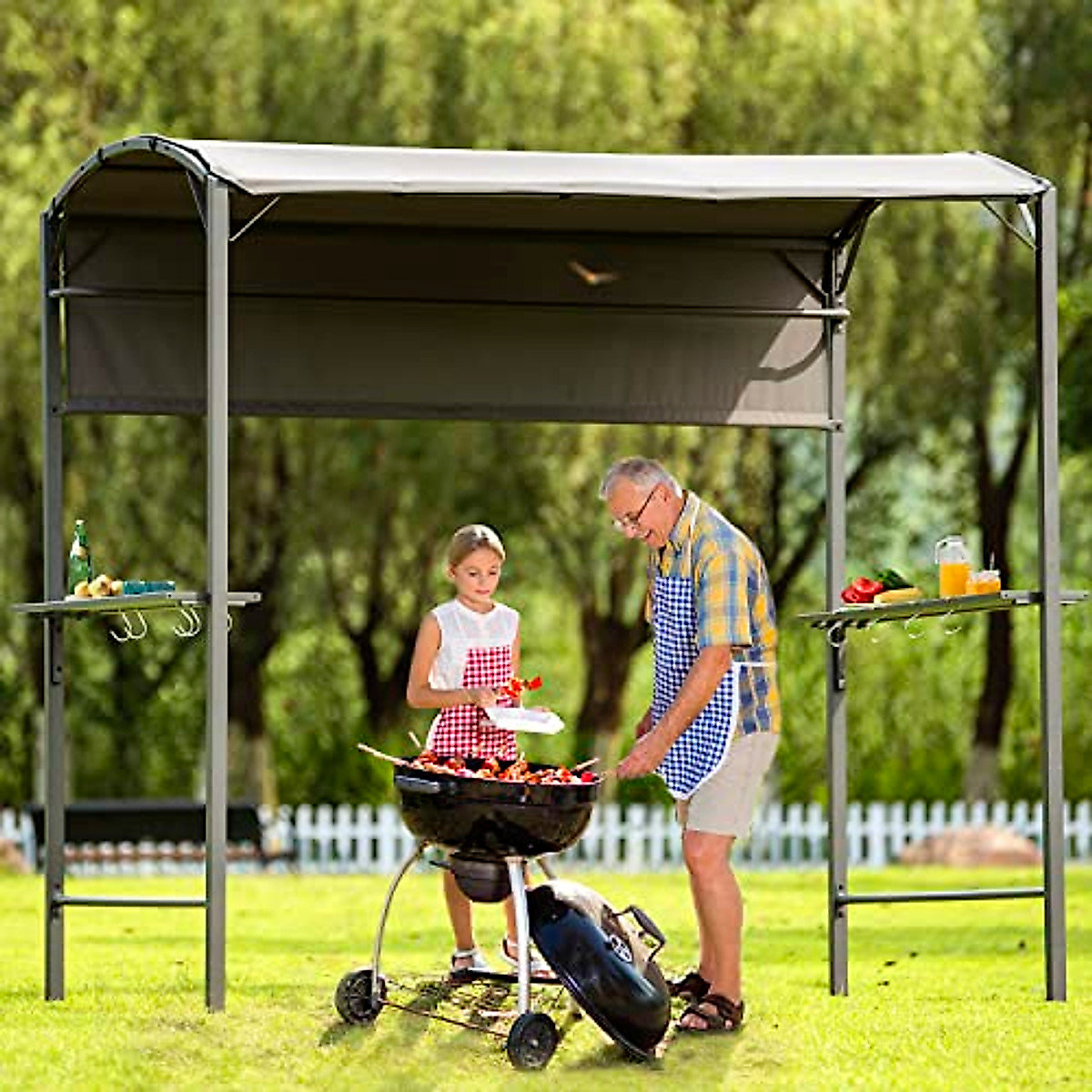 Durx-litecrete BBQ Grill Gazebo with Weather-Resistant Sunshade,7x5 Grill Canopy for Outdoor with Serving Shelf and Hooks, Steel Construction Grill Shelter for Backyard/Patio