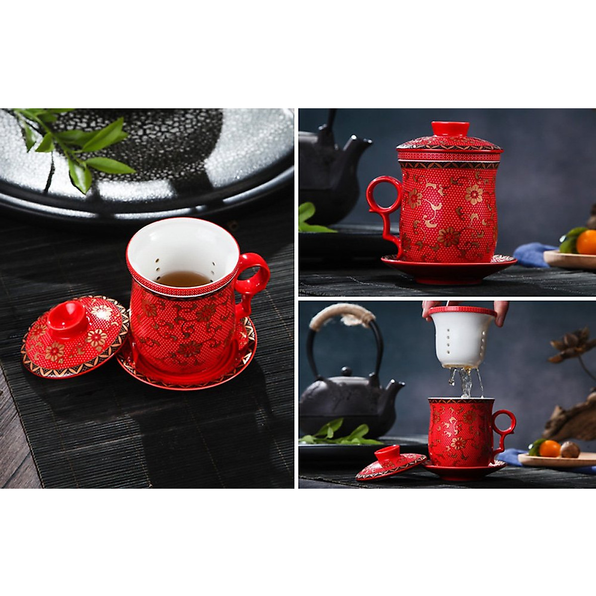 Ameolela Porcelain Tea Cup with Infuser Lid and Saucer Sets - Chinese Jingdezhen Ceramics Coffee Mug Teacup Loose Leaf Tea Brewing System for Home Office